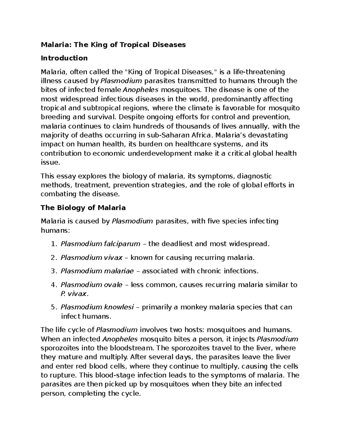 Chn 15 - Malaria: A Comprehensive Overview of the Disease - Studocu