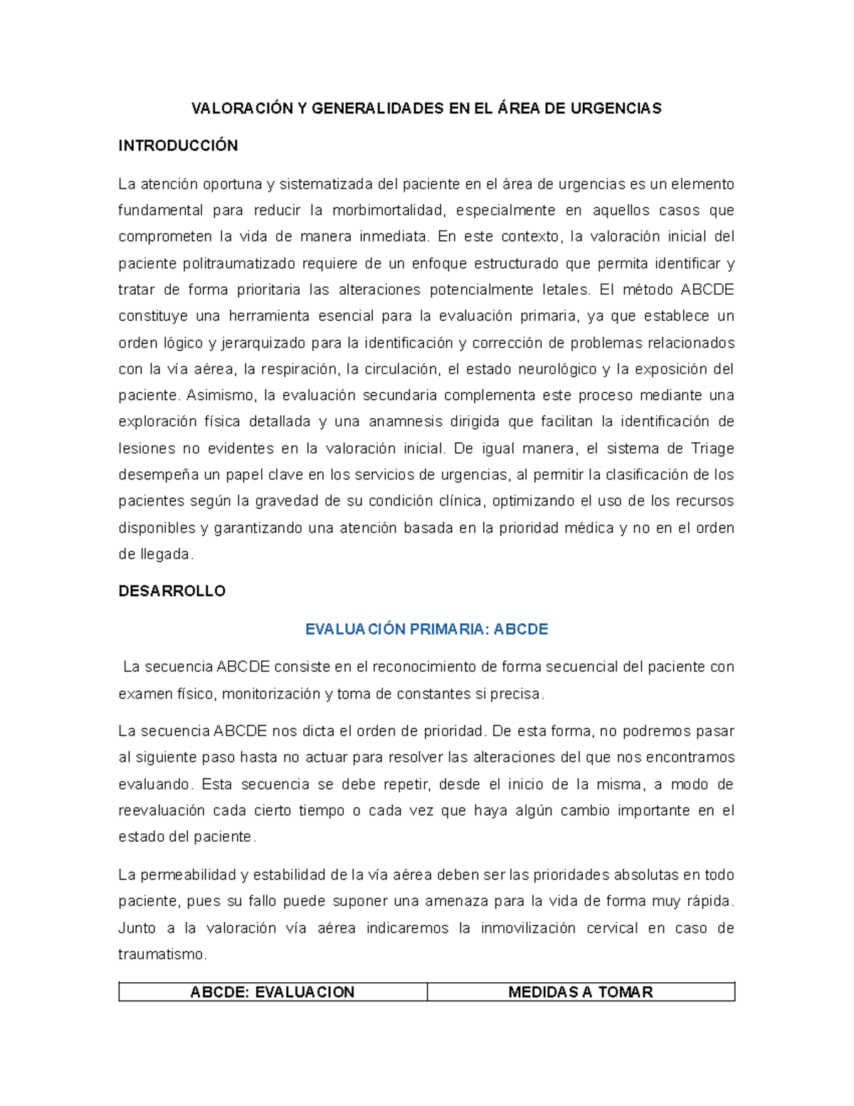 Valoración Inicial y Triage en Urgencias: Método ABCDE - Studocu
