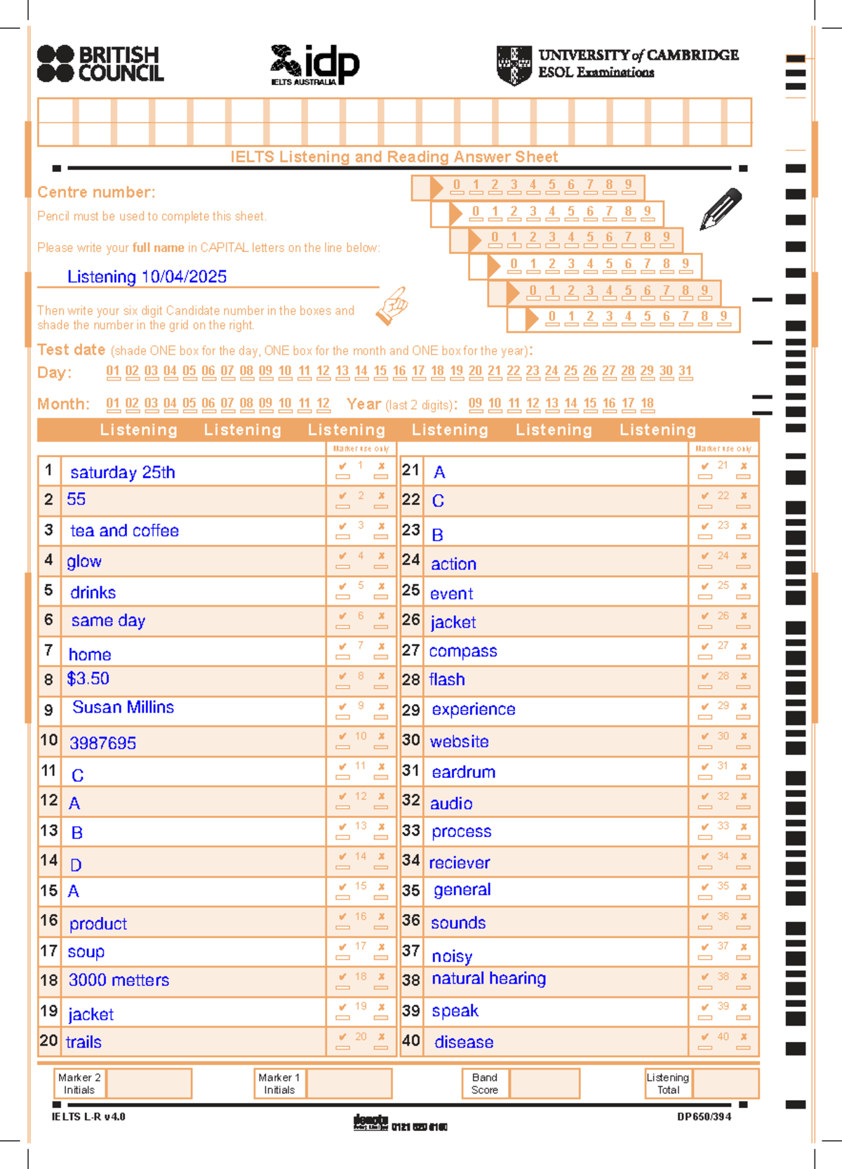 IELTS Listening Answer Sheet - Test Date and Candidate Info - Studocu