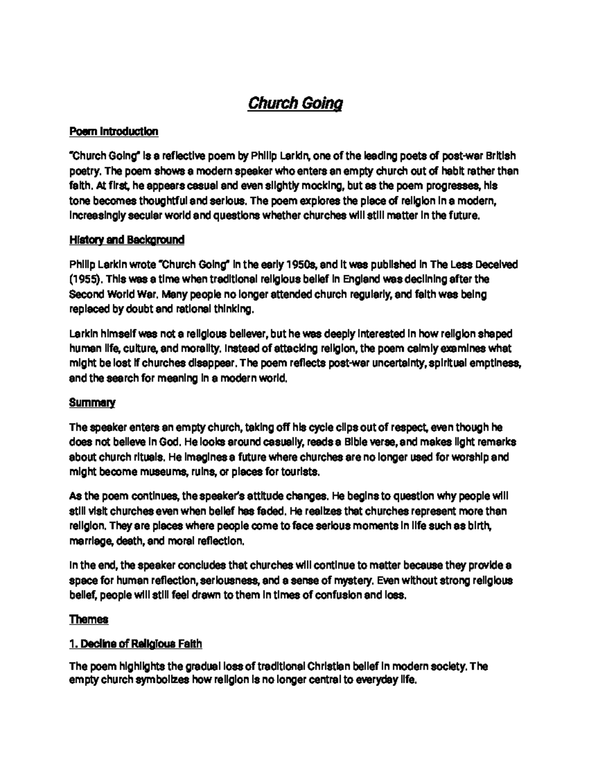 Church Going (ENG 101) - Poem Summary, Themes & Analysis - Studocu