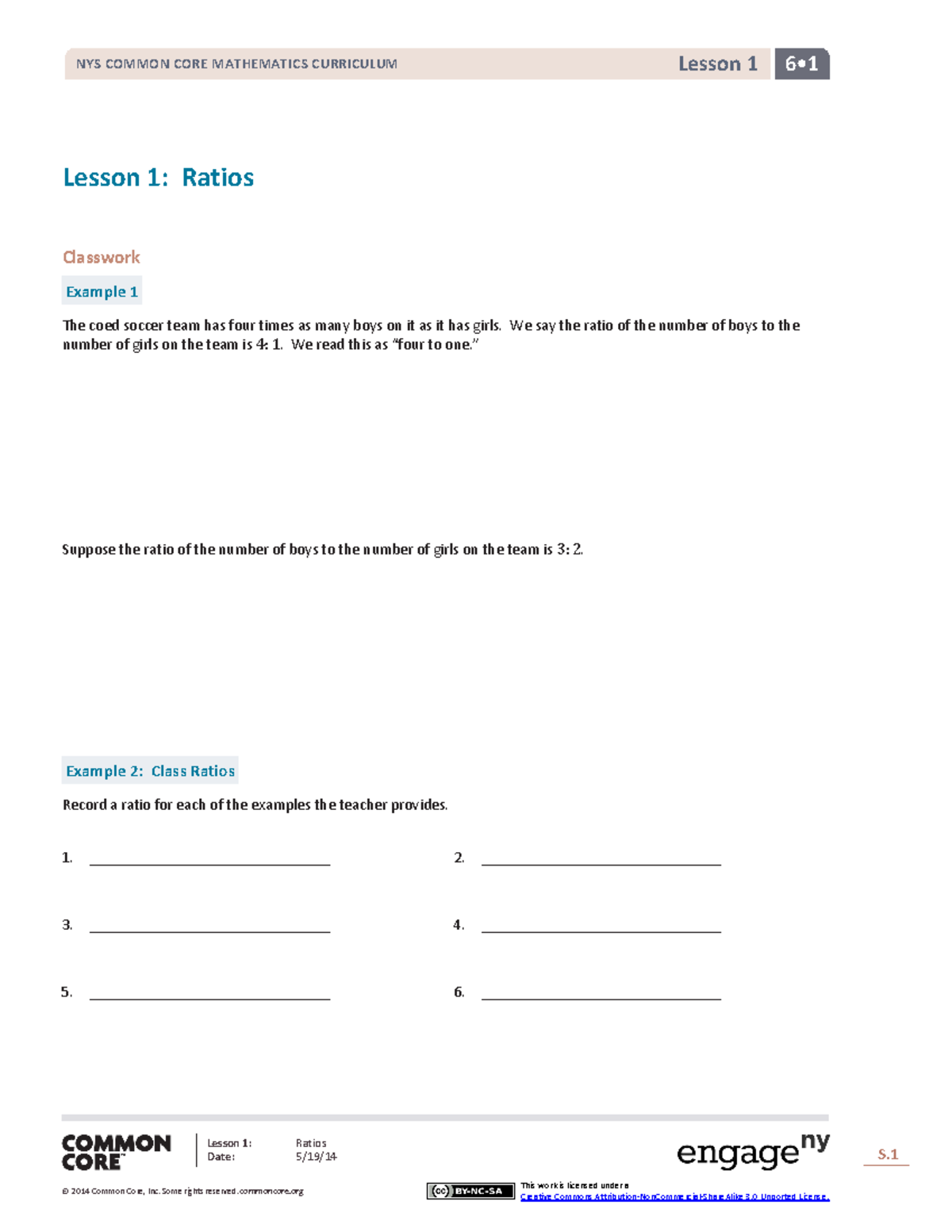Math G6 M1 Lesson Materials: Understanding Ratios and Their Equivalents ...