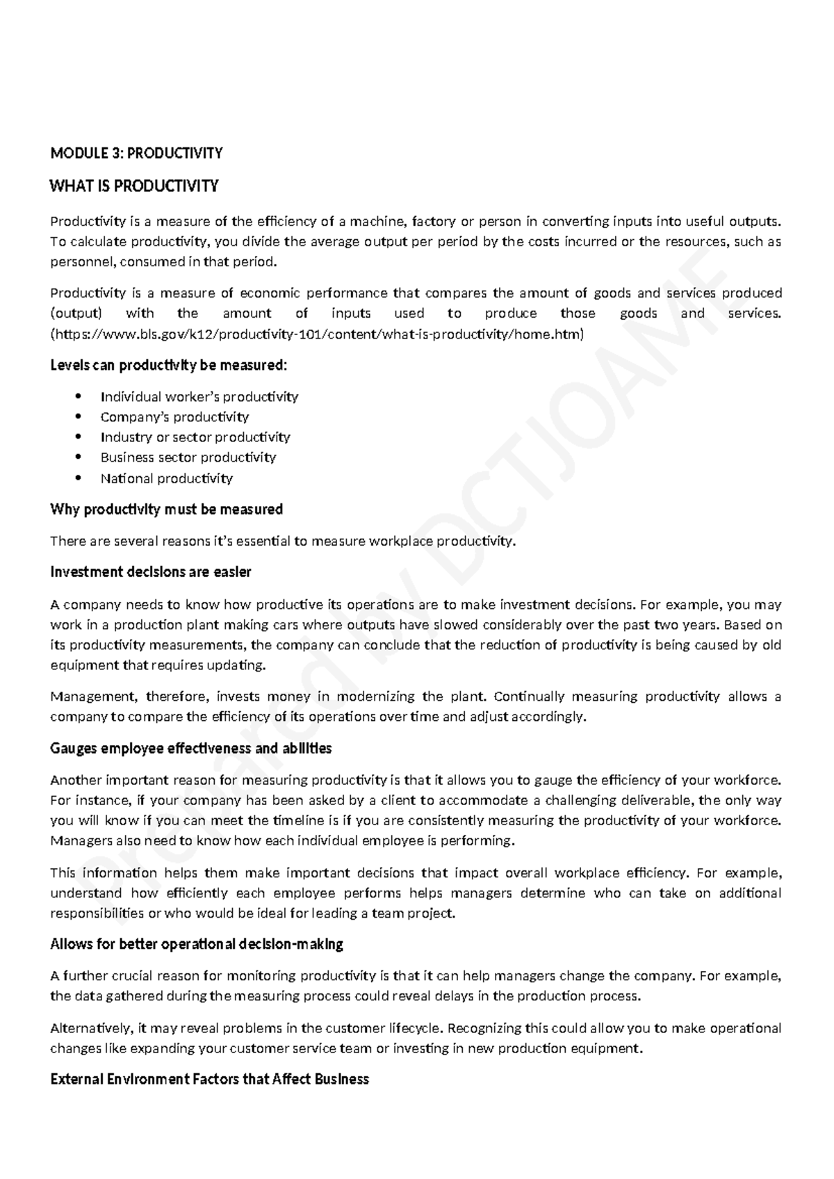 MODULE 3: Productivity Analysis and External Factors - Studocu