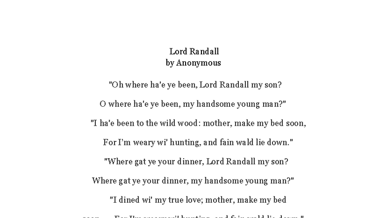 Lord Randall - Must Read Poetry Analysis - Studocu