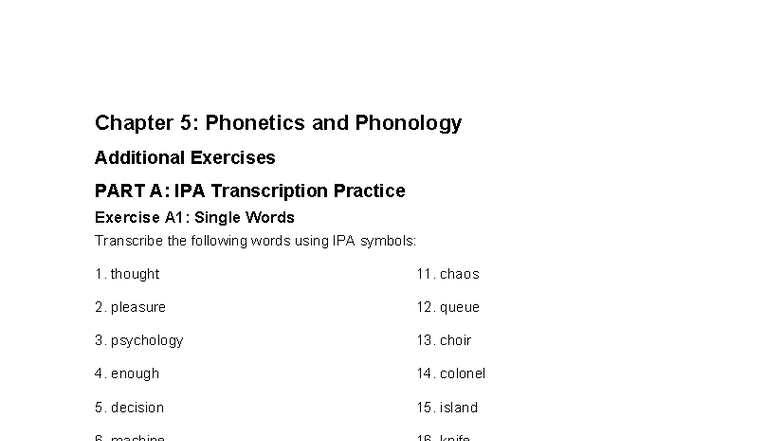 Chapter 5: Phonetics & Phonology Exercises (IPA Transcription) - Studocu