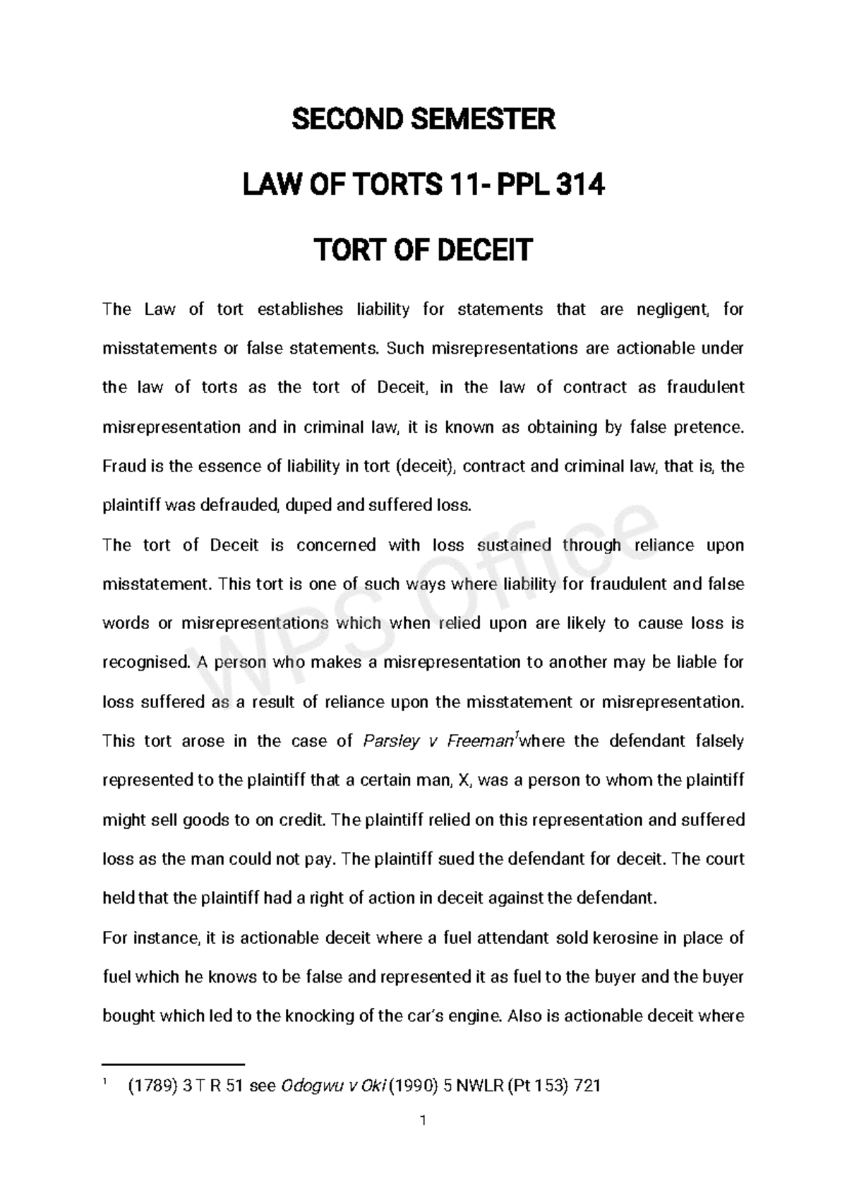 Tort of Deceit: PPL 314 Lecture Notes on Liability and ...