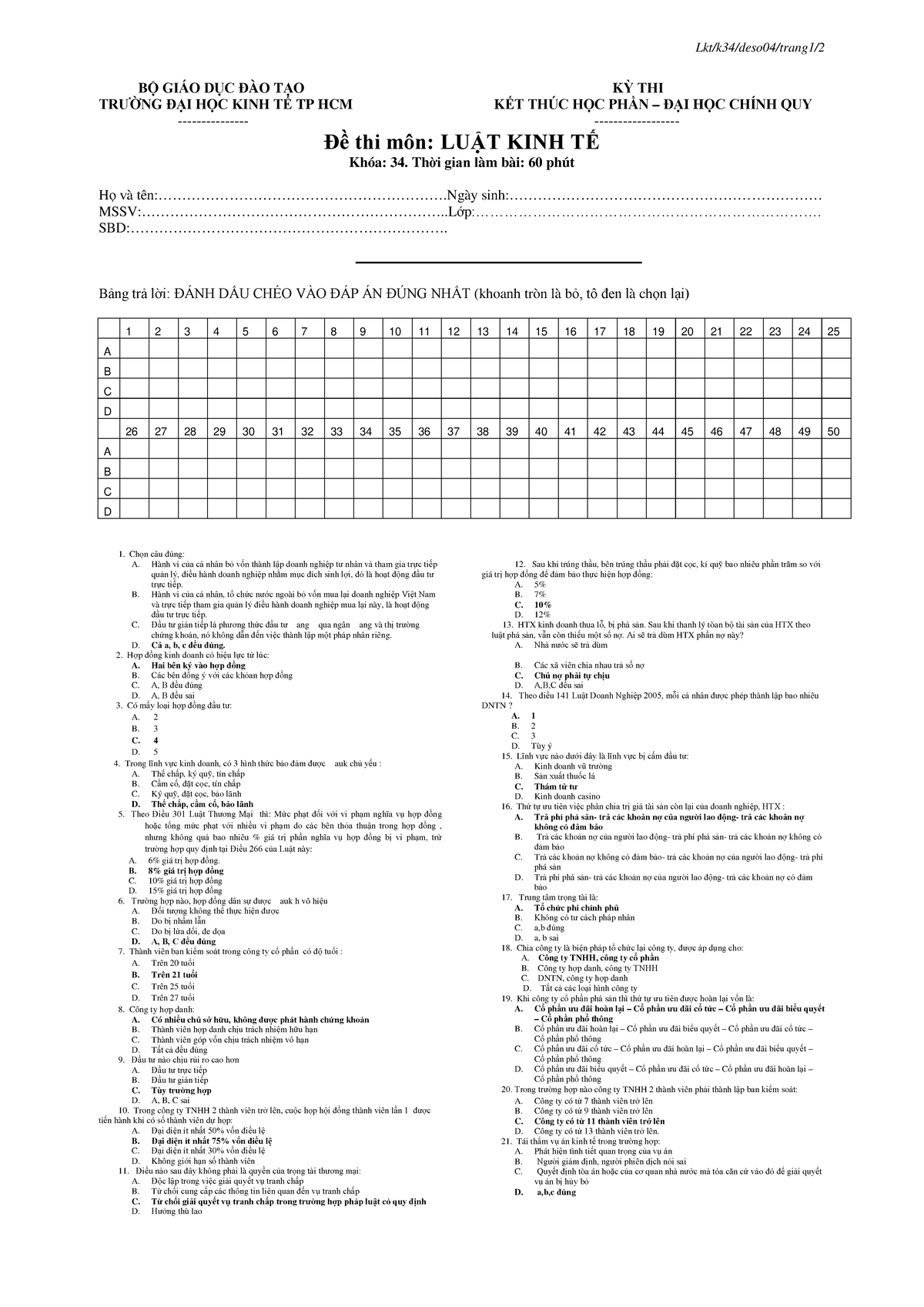 [123doc] - de-thi-trac-nghiem-luat-kinh-te ueh - Lkt/k34/deso04/trang1/ BỘ GIÁO DỤC ĐÀO TẠO KỲ ...