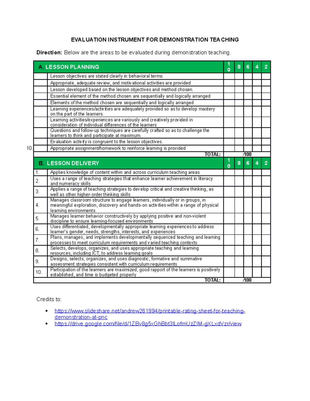 Evaluation Rubric for Demo Teaching (EDU 101) - Studocu