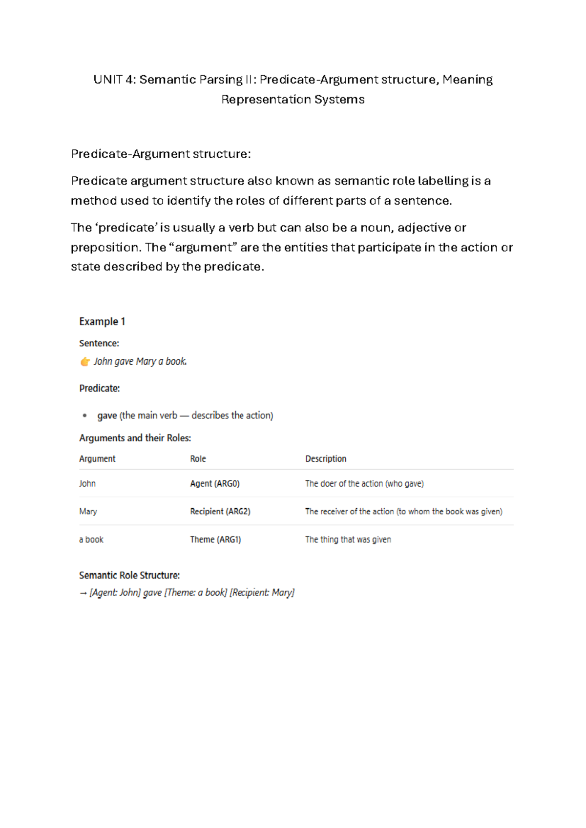 UNIT 4: Semantic Parsing II - Predicate Argument Structure Notes - Studocu
