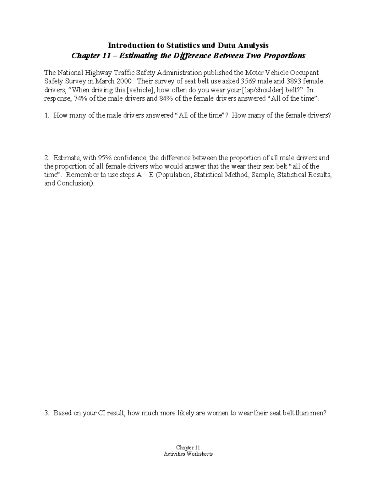 Statistics & Data Analysis (Course Code: 11.3) Chapter 11 Review ...