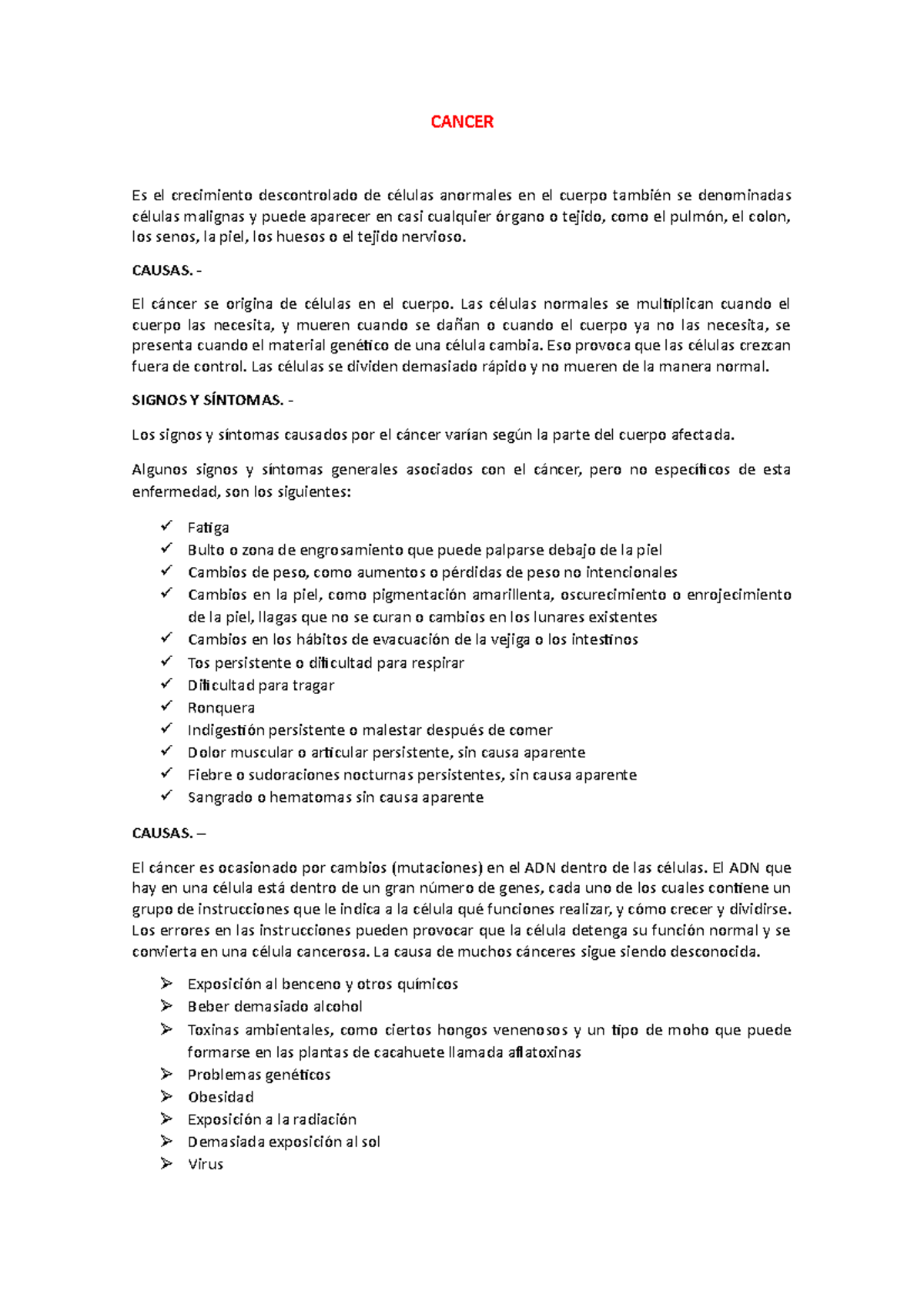 Cancer - CANCER Es el crecimiento descontrolado de células anormales en ...