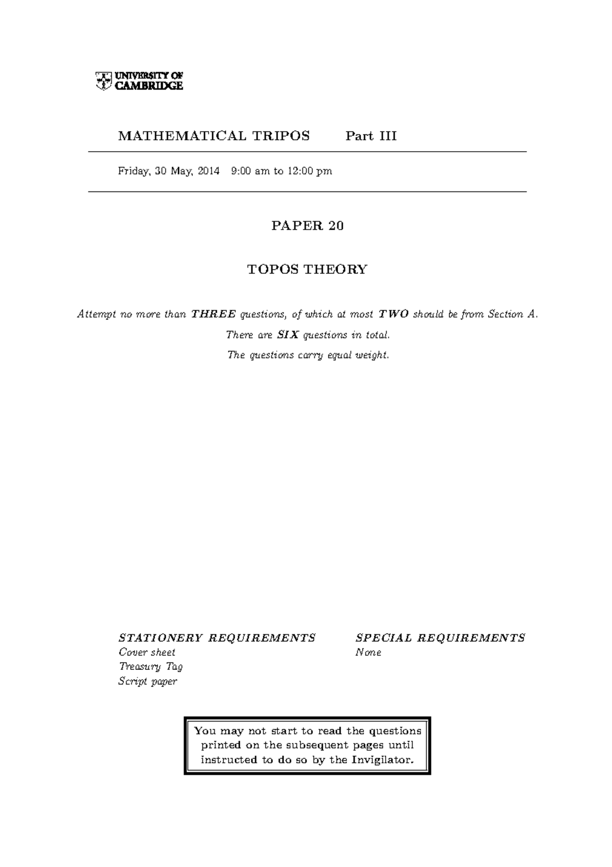 Exam 30 May 2014, questions - MATHEMATICAL TRIPOS Part III Friday, 30 ...