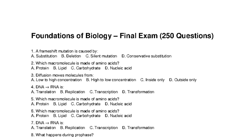 Foundations of Biology Final Exam Review (250 Q&A) - Studocu