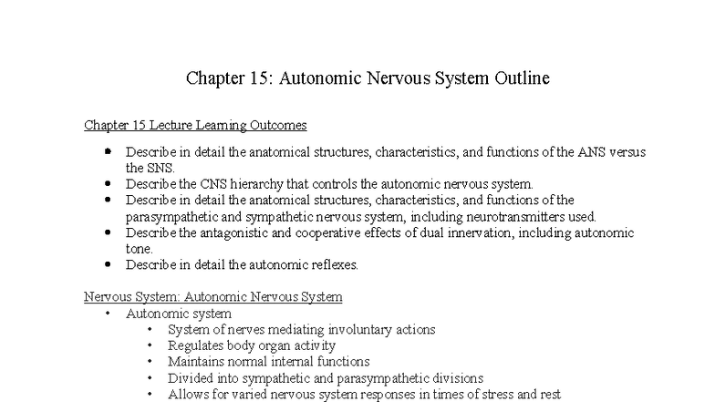 Chapter 15: Autonomic Nervous System Overview and Functions - Studocu