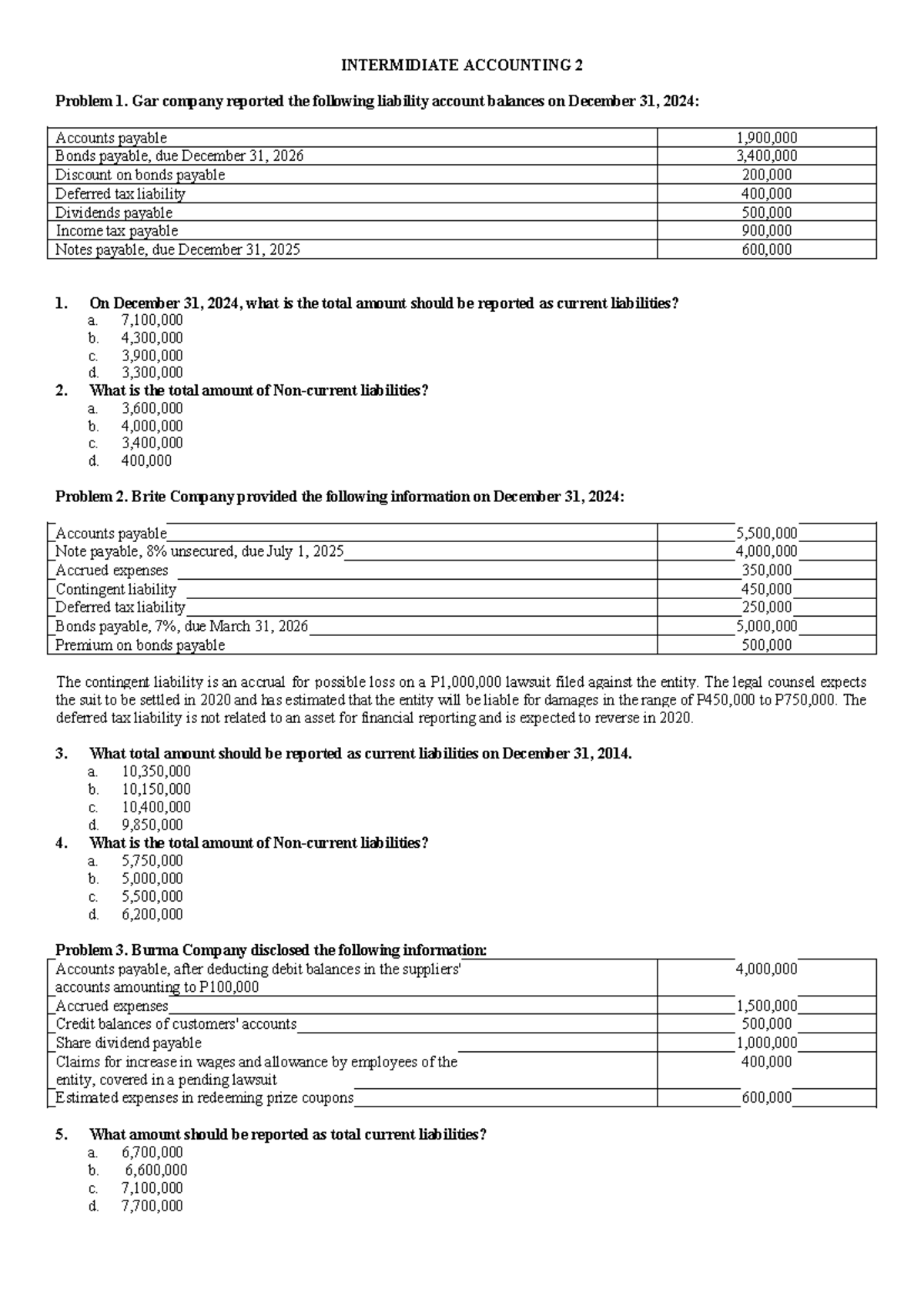 FAR - TEST - Intermediate Accounting 2 Current Liabilities Analysis ...