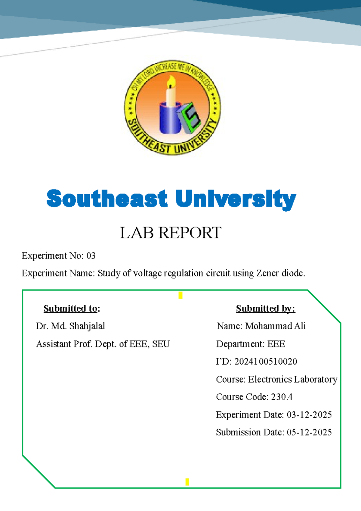 Lab Report 03: Voltage Regulation Circuit Using Zener Diode (230.4 ...