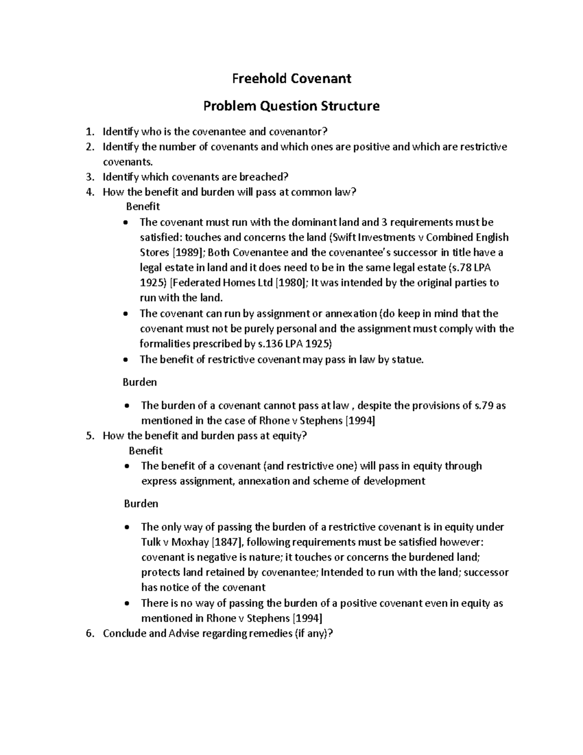 Freehold covenant problem question structure - Freehold Covenant ...