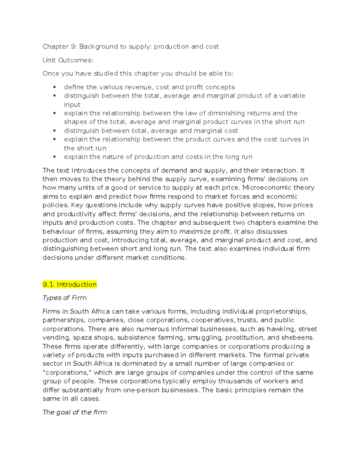 ECON112 - Chapter 9 Summary: Production and Cost Concepts in Economics ...