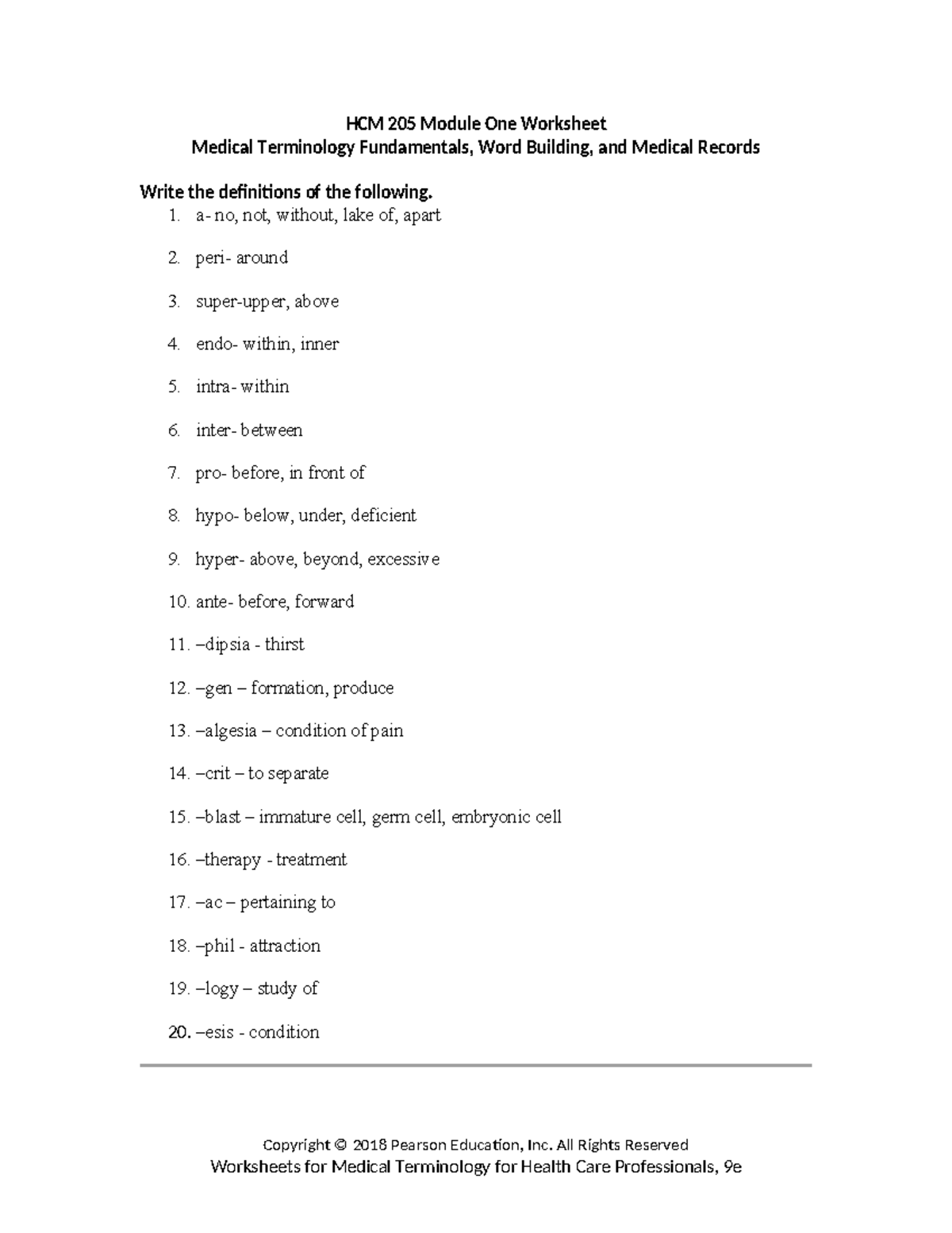 HCM 205 Module One Worksheet: Medical Terminology & Word Building - Studocu