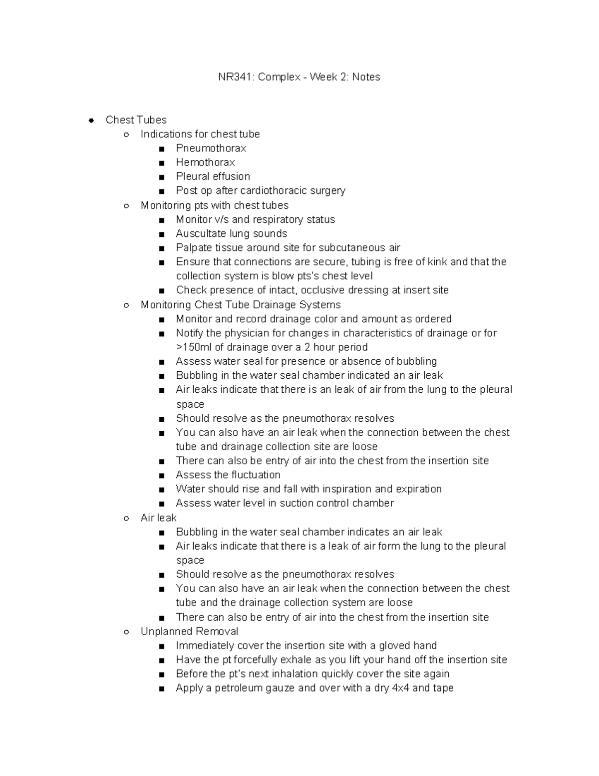 NR341 Complex - Week 2 Lecture Notes on Chest Tubes & Ventilatory ...