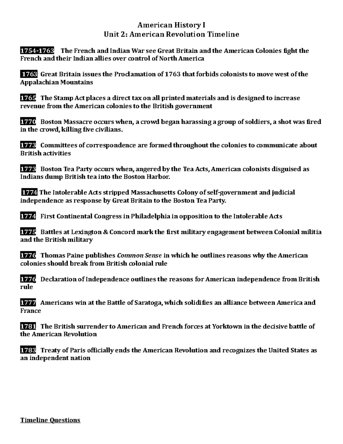 Copy of American Revolution Timeline - American History I Unit 2 ...