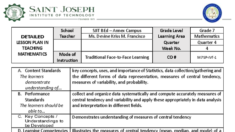Detailed Lesson Plan: Measures of Central Tendency in Math 7 - Studocu