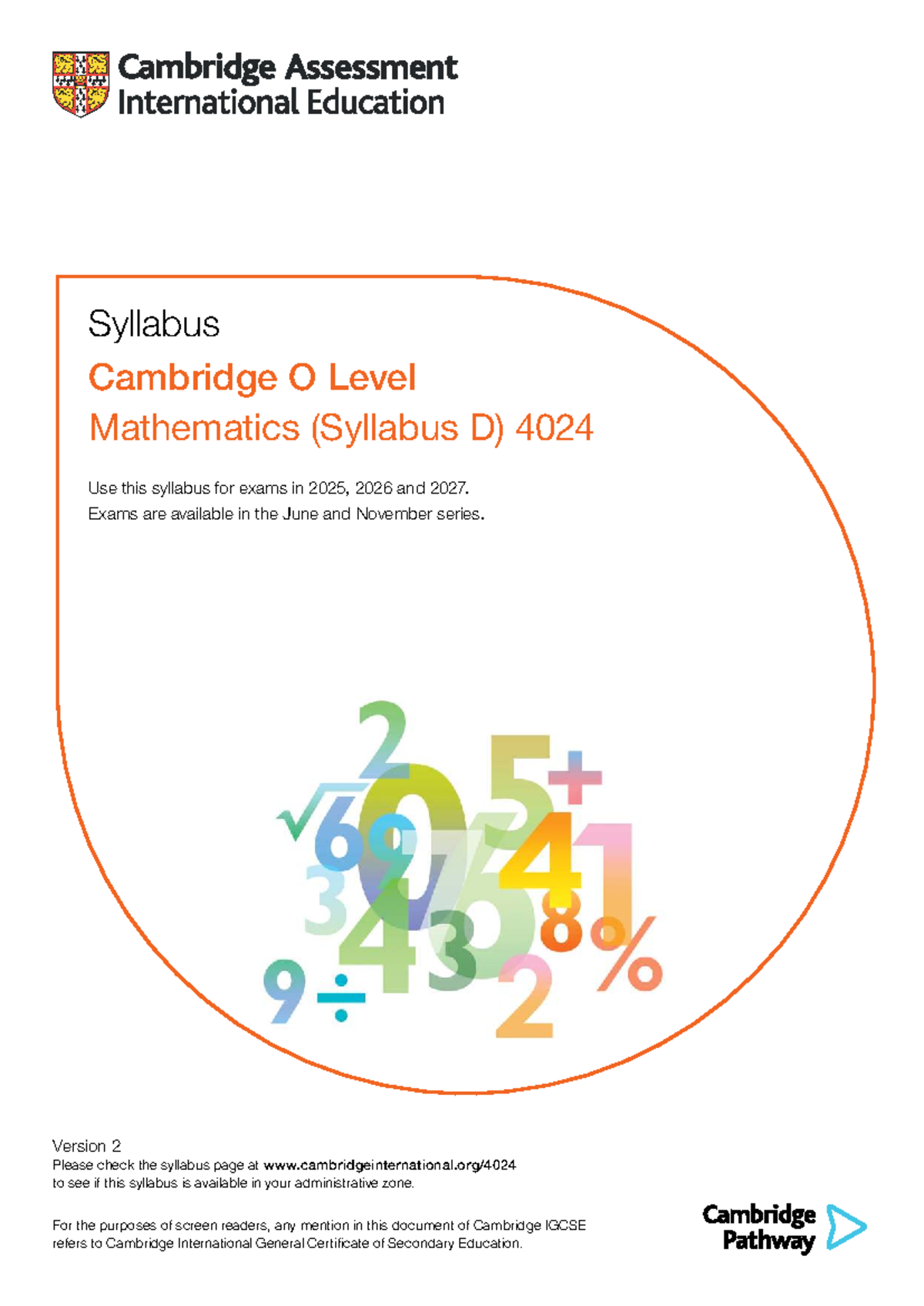 Cambridge O Level Mathematics (Syllabus D) 4024: 2025-2027 Overview - Studocu