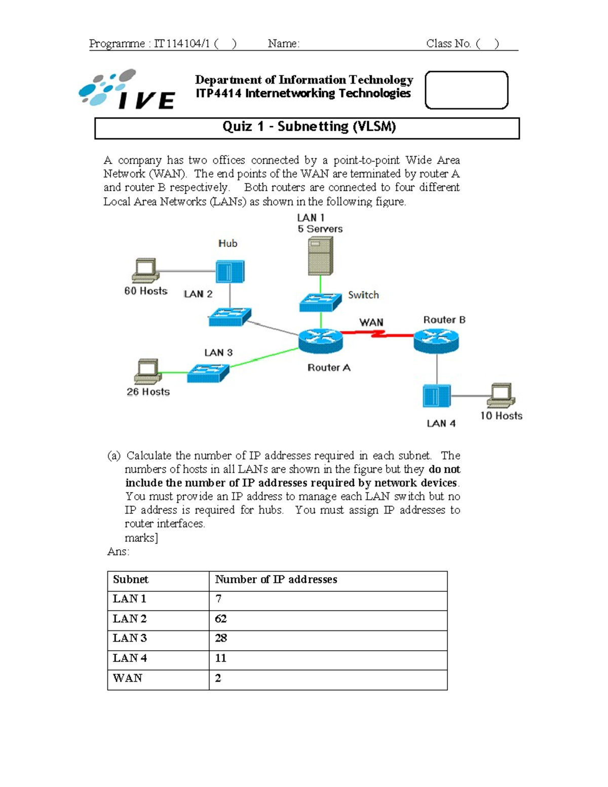 ITP4414 Internetworking Technologies Quiz 1: Subnetting Analysis - Studocu