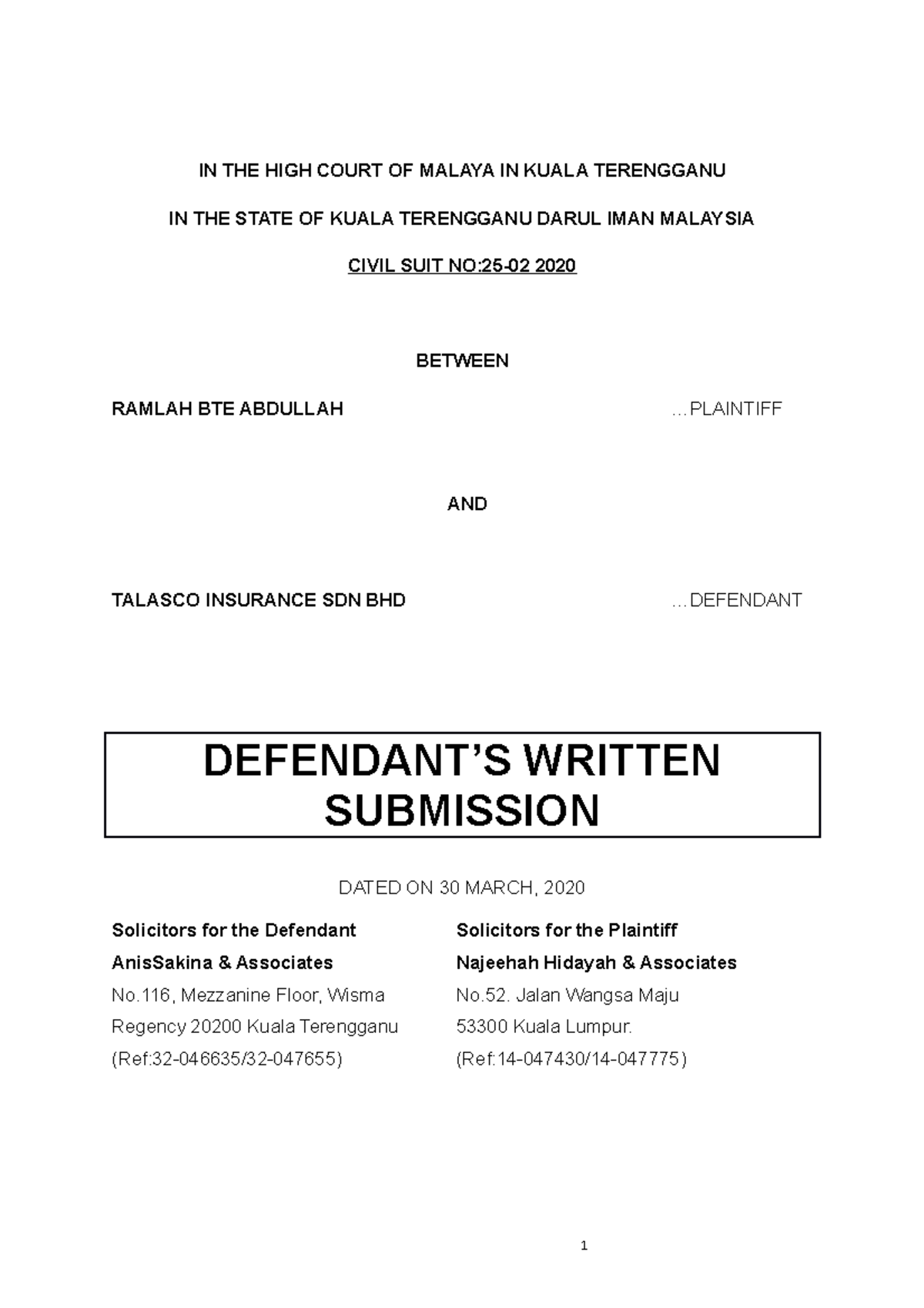 Civil Suit No:25-02 2020 - Defendant’s Written Submission - Studocu