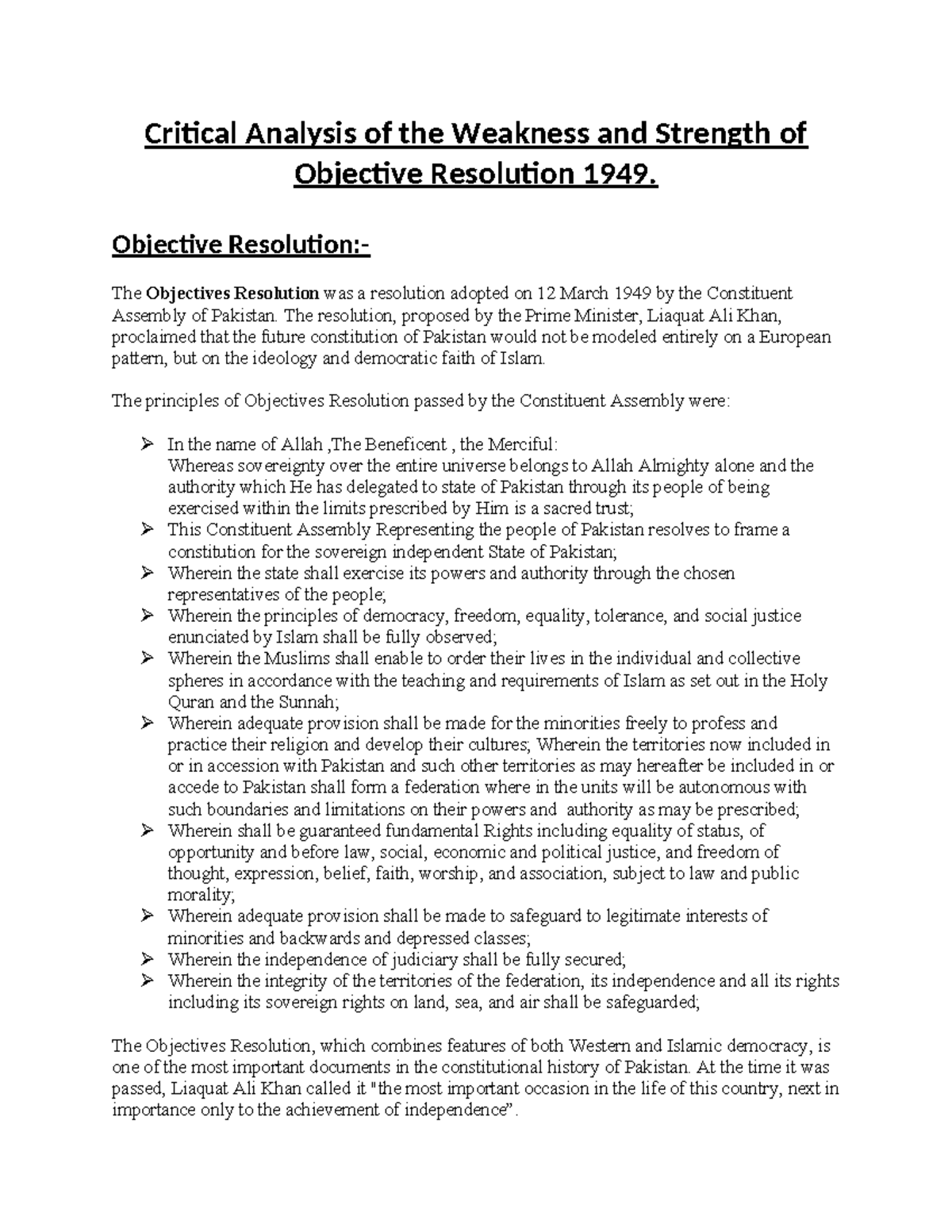Critical Analysis of the Objective Resolution 1949 - Pakistan Studies ...