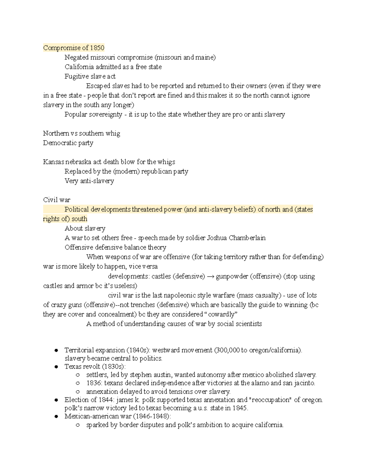 Chapter 13 apush notes - Compromise of 1850 Negated missouri compromise ...