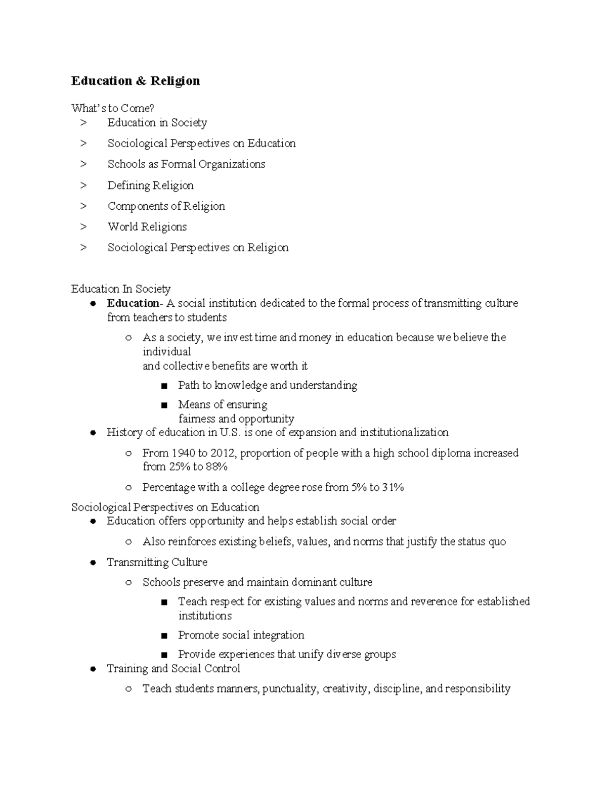 Education Religion Sociological Perspectives - Studocu