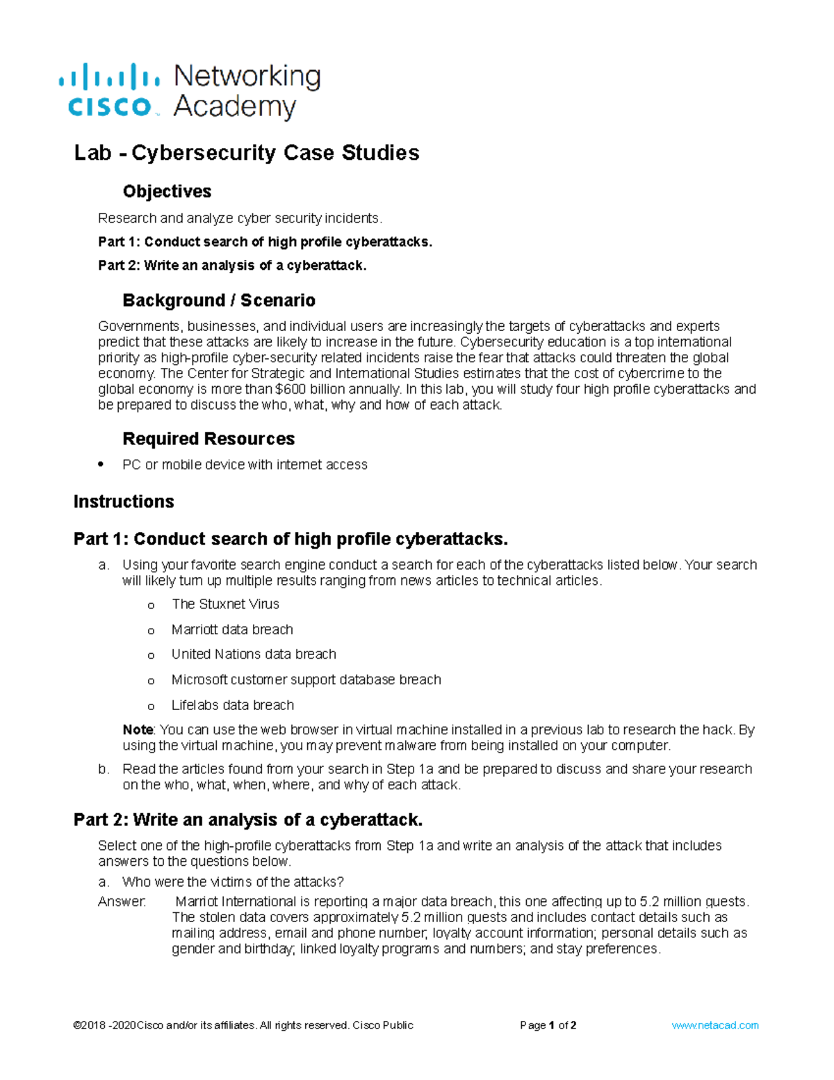 1.1.6 Lab - Analysis of High-Profile Cybersecurity Incidents - Studocu