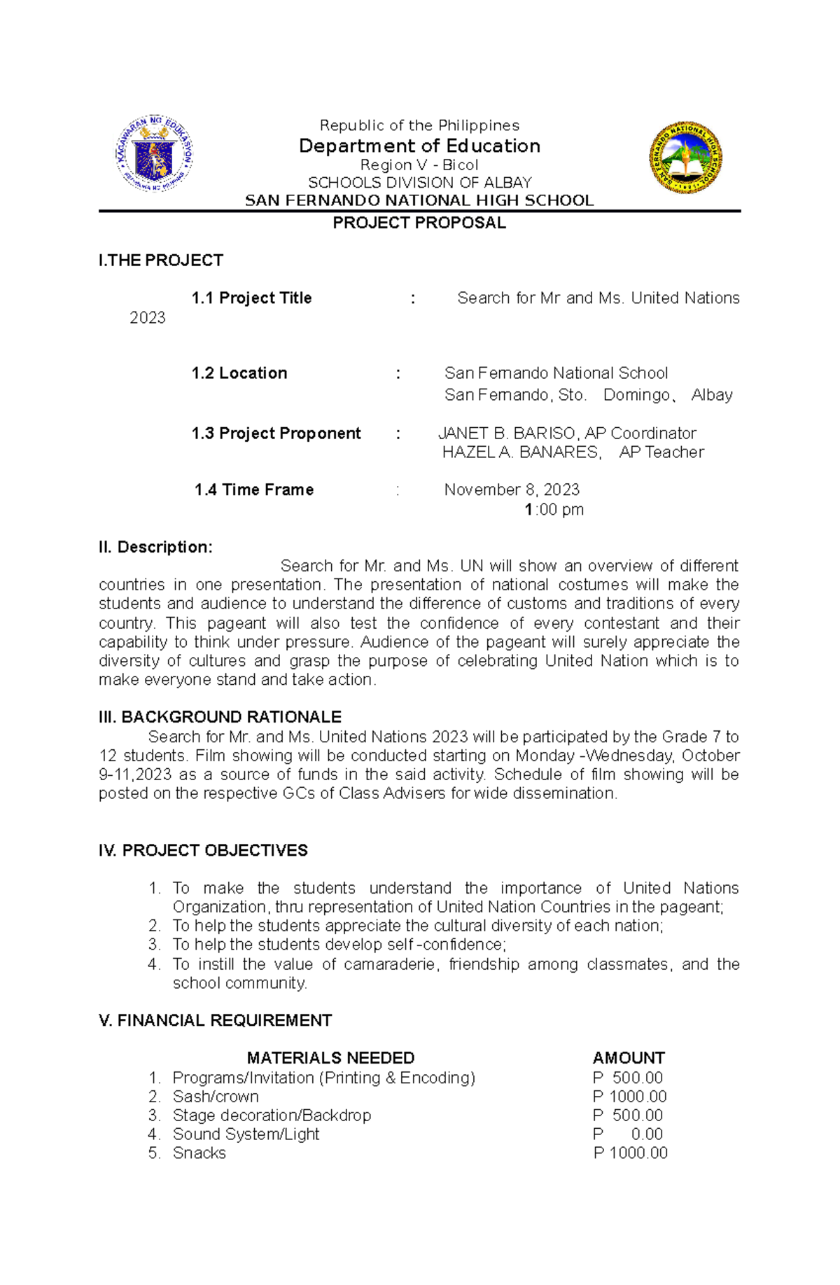 Proposal united nations - Republic of the Philippines Department of ...
