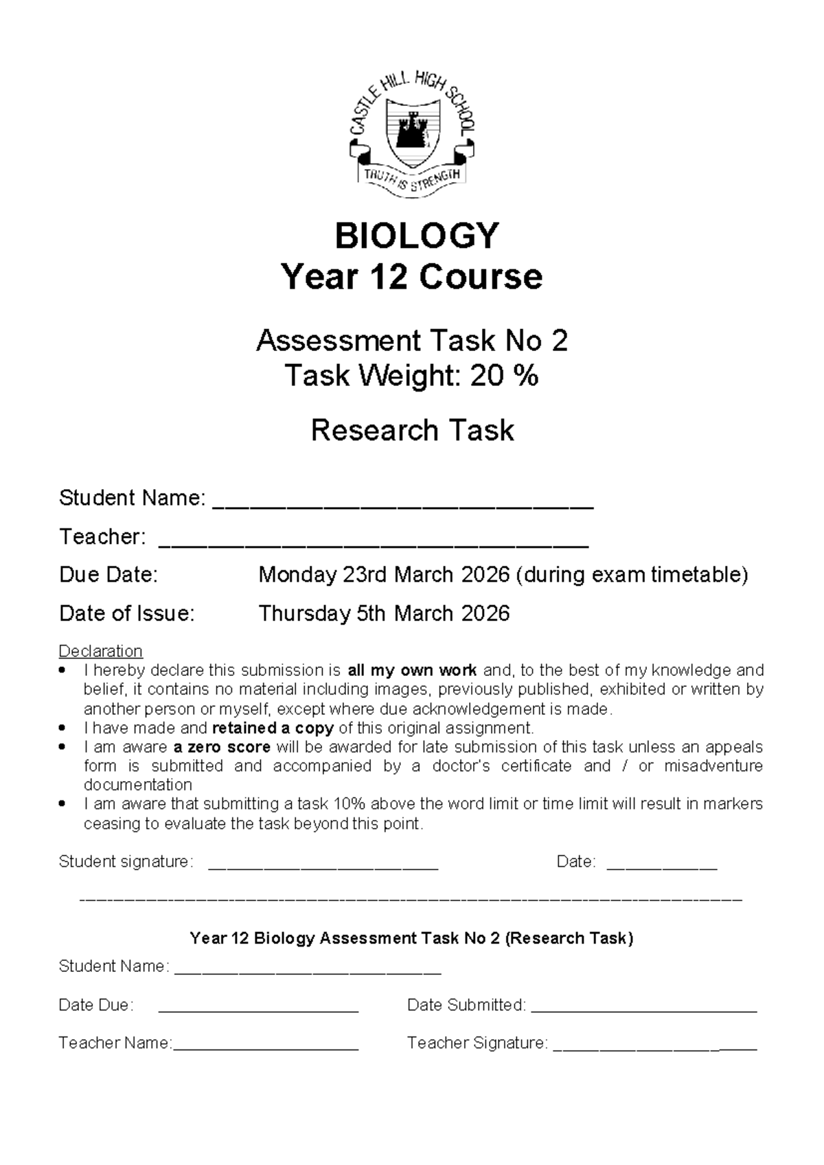 2026 Year 12 Biology Research Task No 2: Assessment Details - Studocu