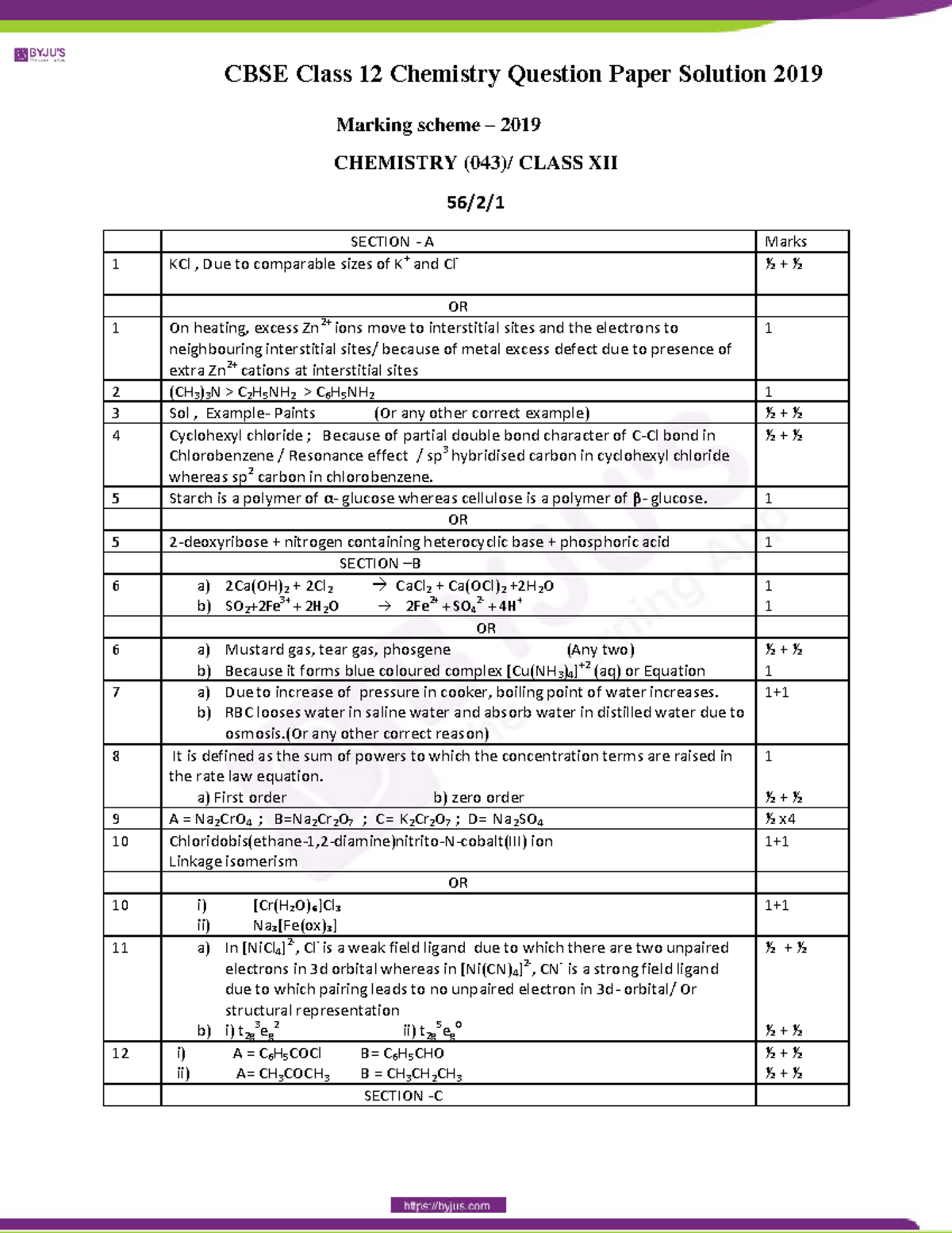 CBSE Class 12 Question Paper Solution 2019 Chemistry Set 2 - Marking ...