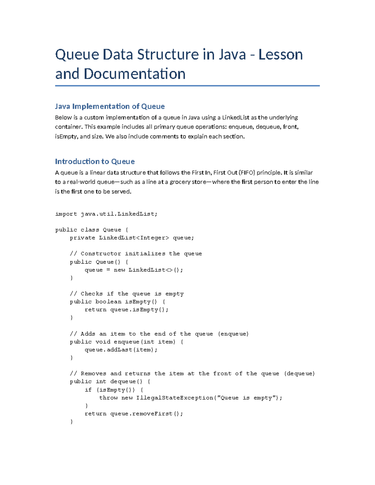 Java Lesson: Queue Data Structure Implementation (CS101) - Studocu
