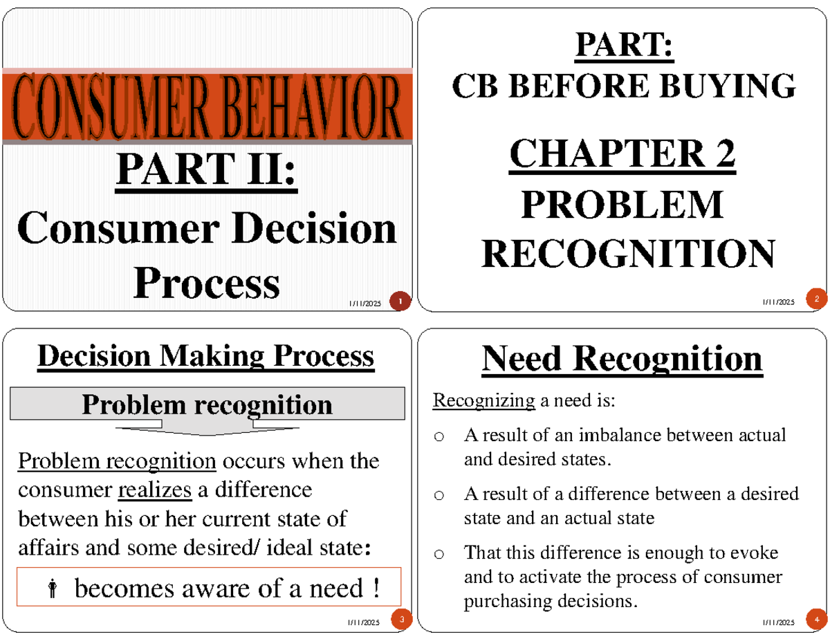 Chapter 2 Problem Recognition Part 2 - 1/11/2025 1 PART II: Consumer Decision Process PART: CB ...