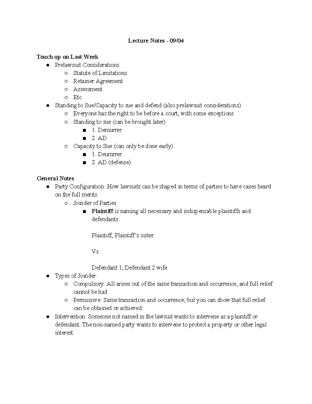 Lecture Notes on Prelawsuit Considerations & Joinder - Law 101 - Studocu