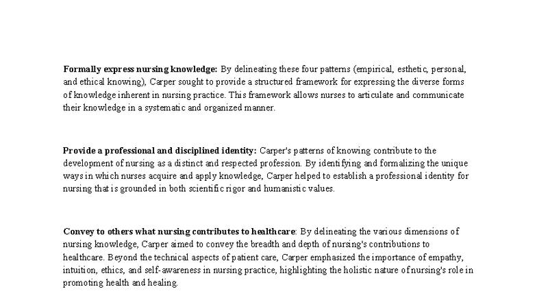 Nursing Knowledge Framework: Carper's Patterns of Knowing - Studocu