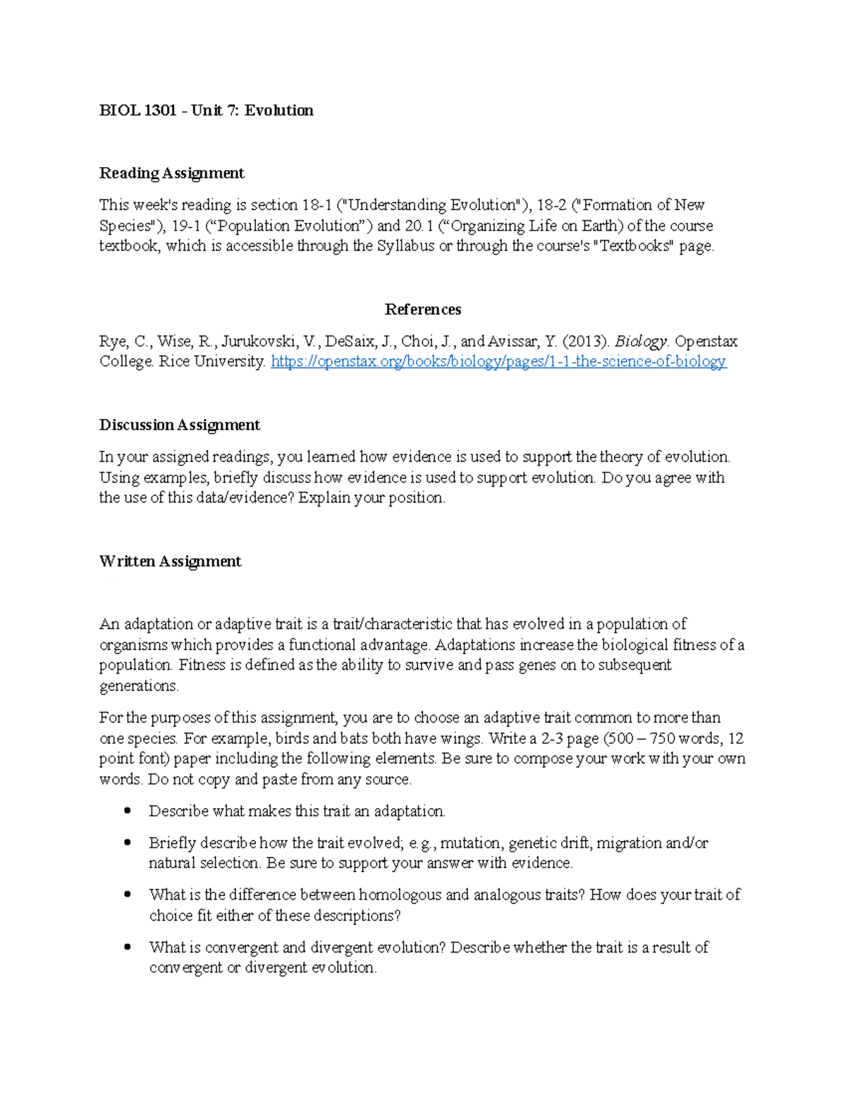 Unit 7 Learning Guide on Evolution Concepts BIOL 1301 - Studocu
