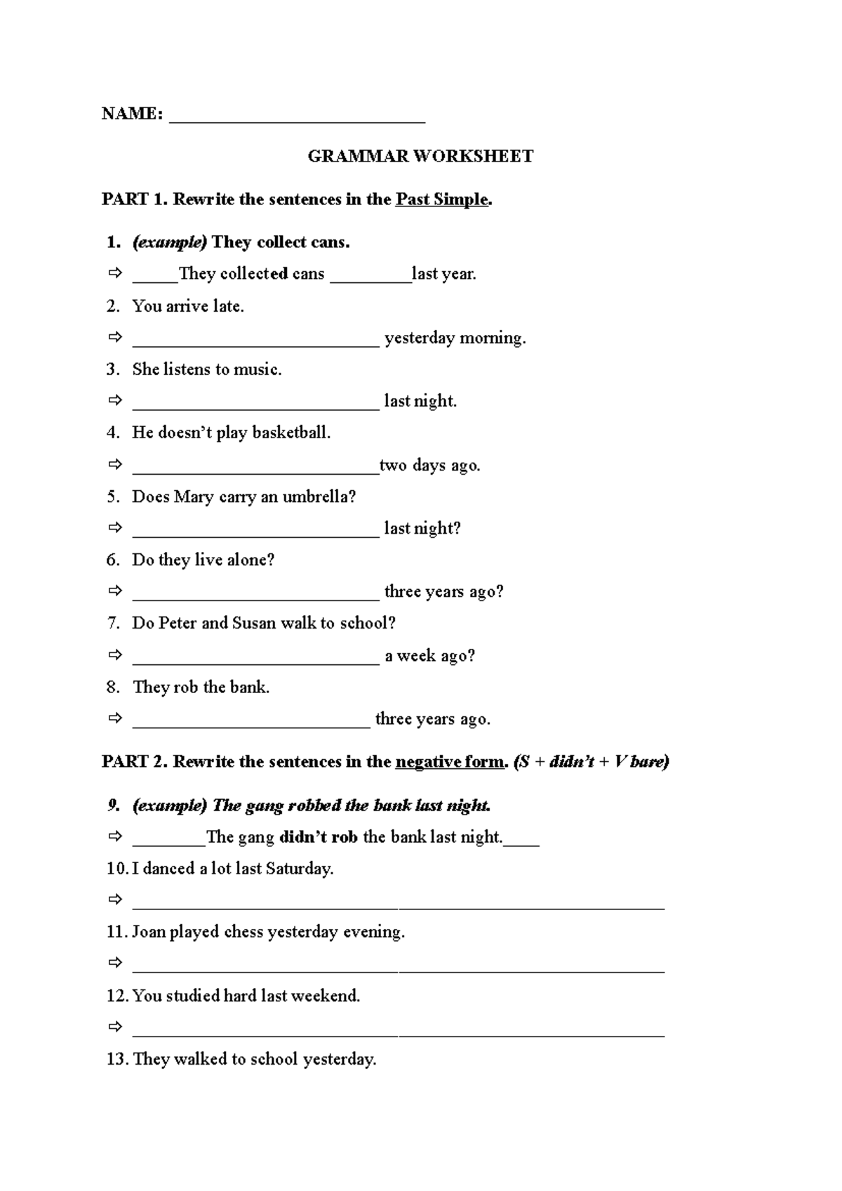 Grammar Worksheet: Past Simple, Negatives & Questions - Studocu