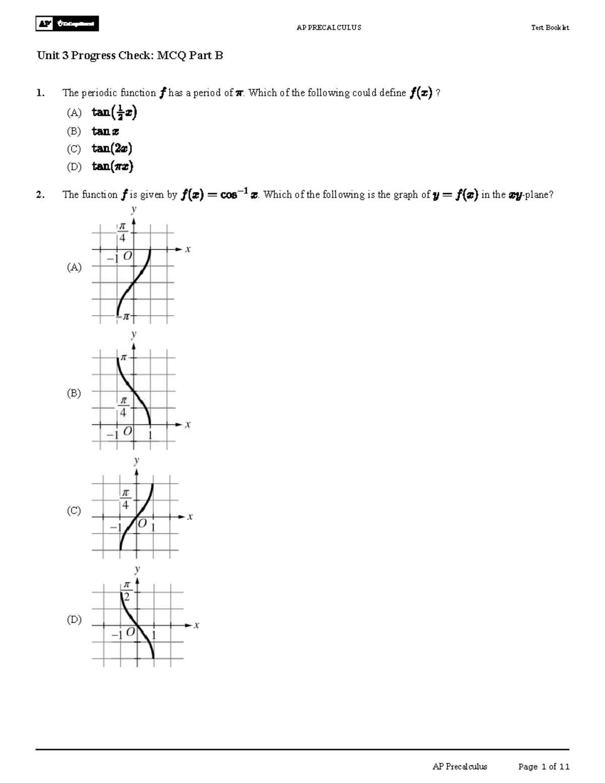 AP PRECALCULUS Unit 3 Progress Check: MCQ Part B Questions - Studocu