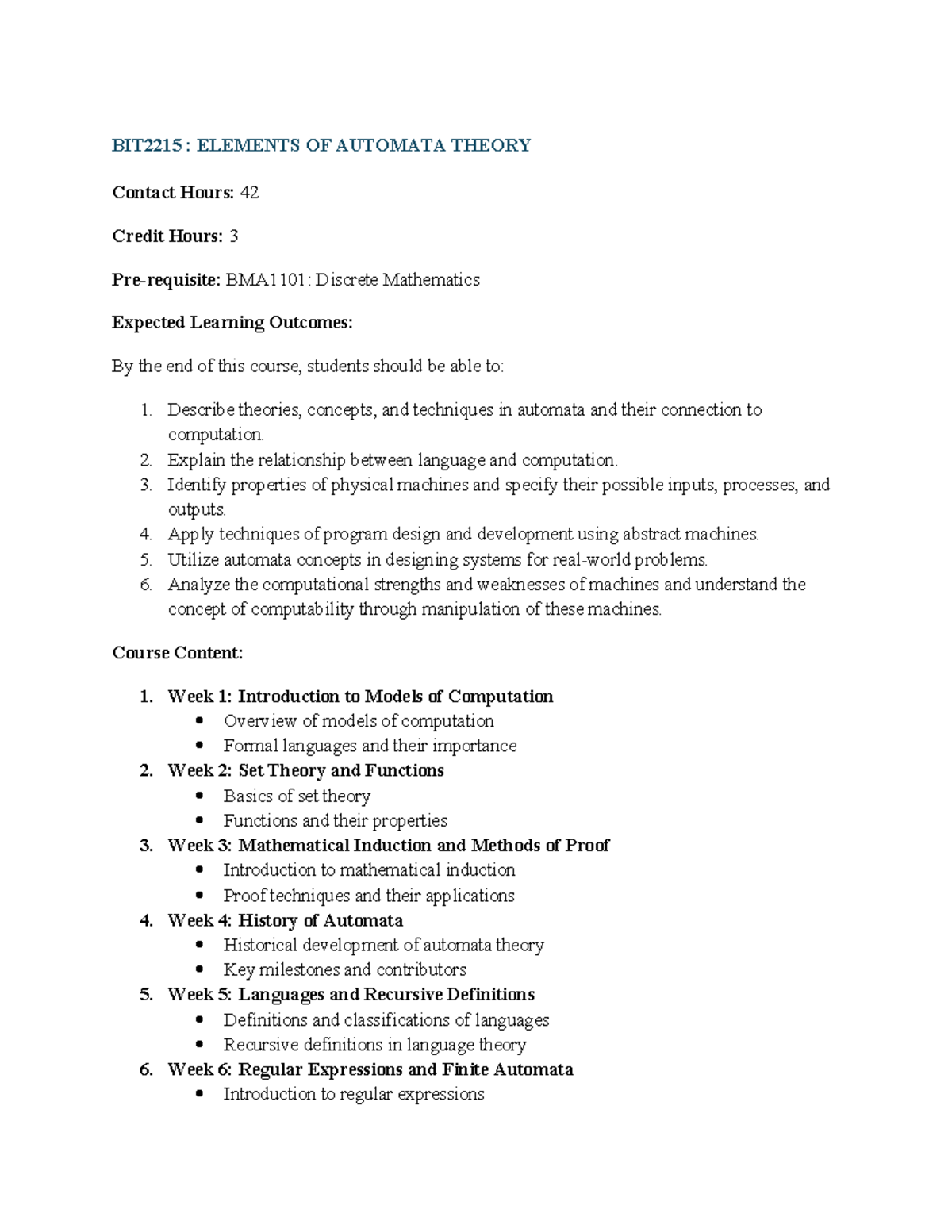 BIT2215: Course Outline on Automata Theory and Discrete Math - Studocu