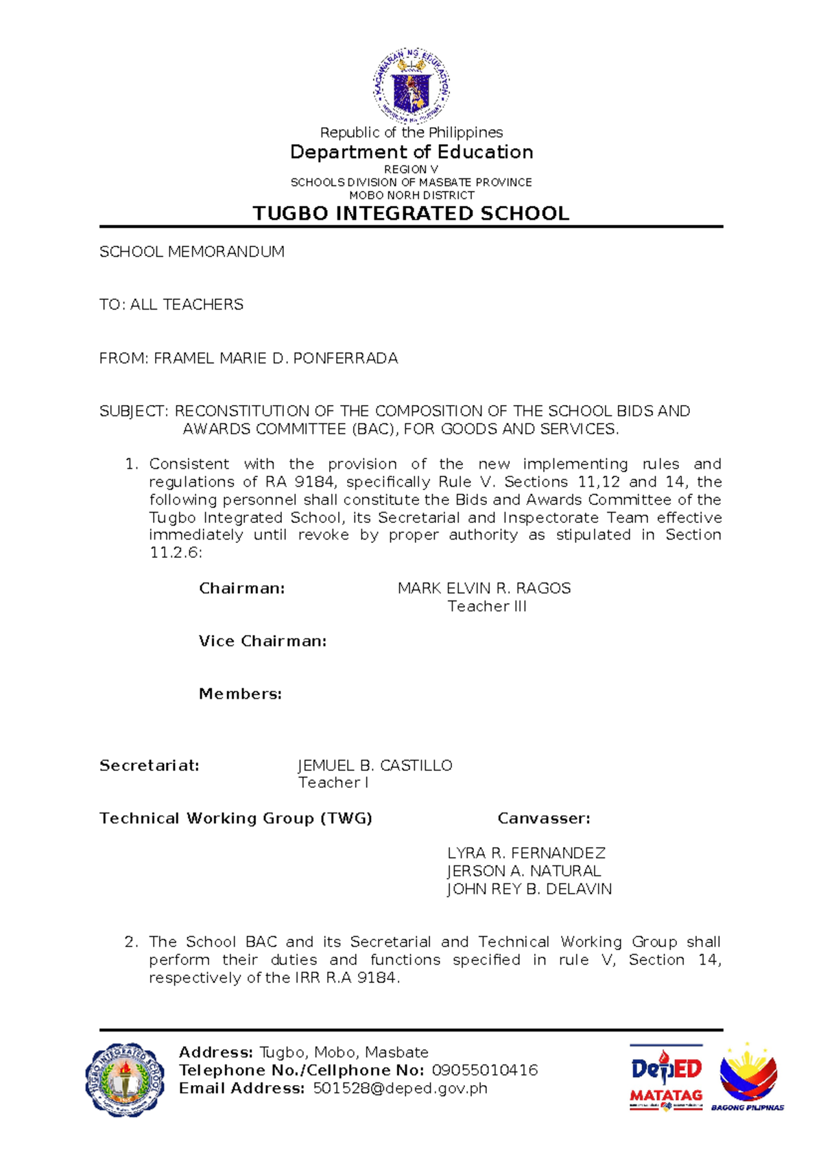School Memo: BAC Composition for Tugbo Integrated School - Studocu