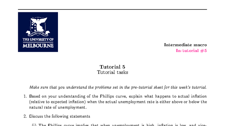Intermediate Macro (ECO301) Tutorial 5: Phillips Curve Analysis - Studocu