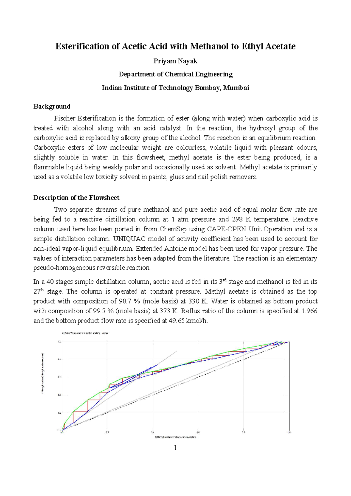 Esterification of Acetic Acid with Methanol: A Case Study (CHE 101 ...