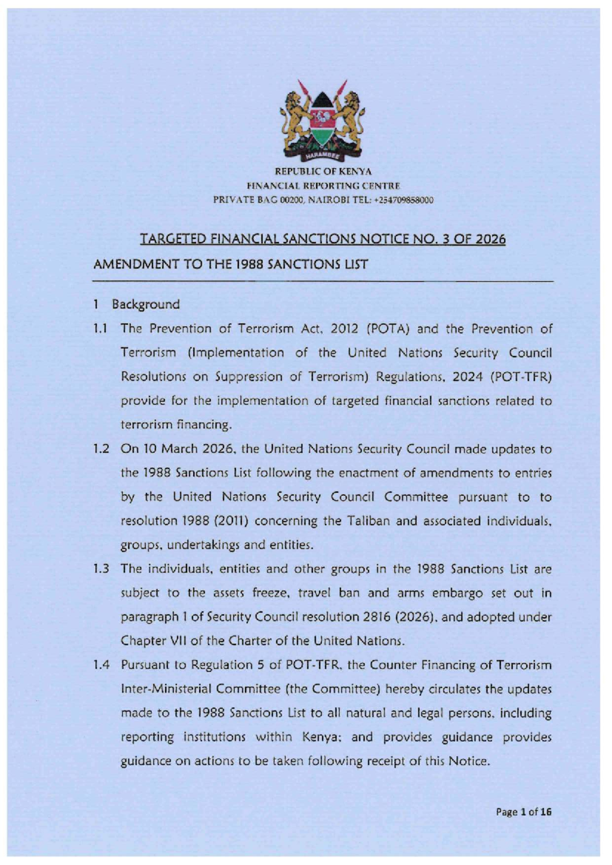 Targeted Financial Sanctions Notice No. 3 of 2026: 1988 Amendments ...