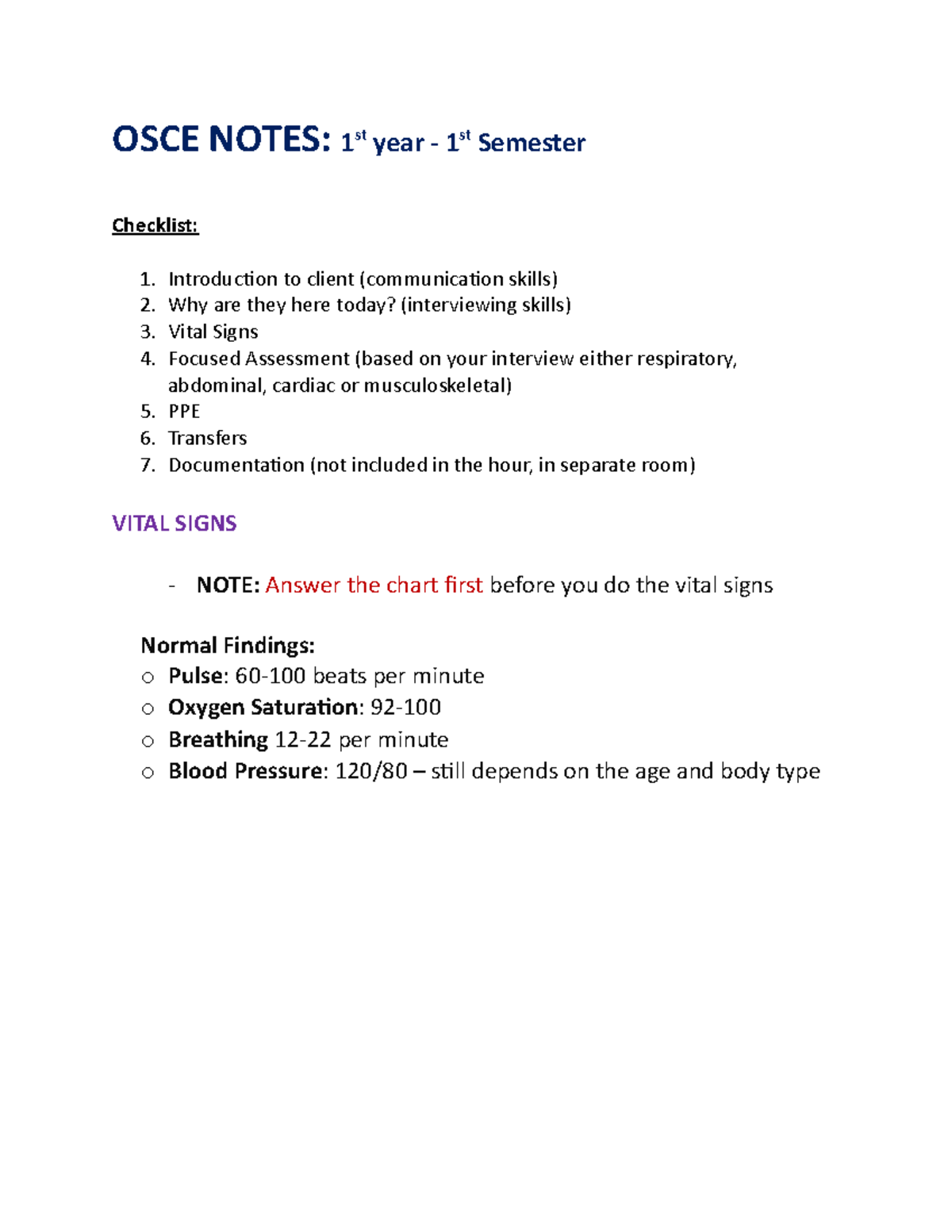 OSCE Notes: 1st Year - 1st Semester Clinical Skills Guide - Studocu