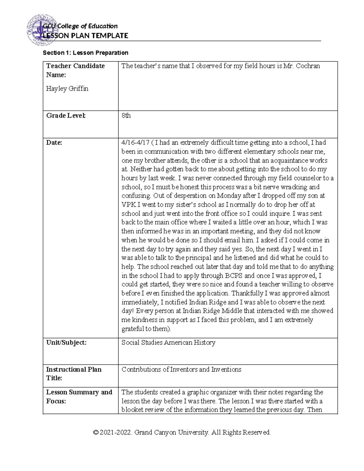 Field Hours Lesson Plan Map, Questions, and Reflection - LESSON PLAN ...