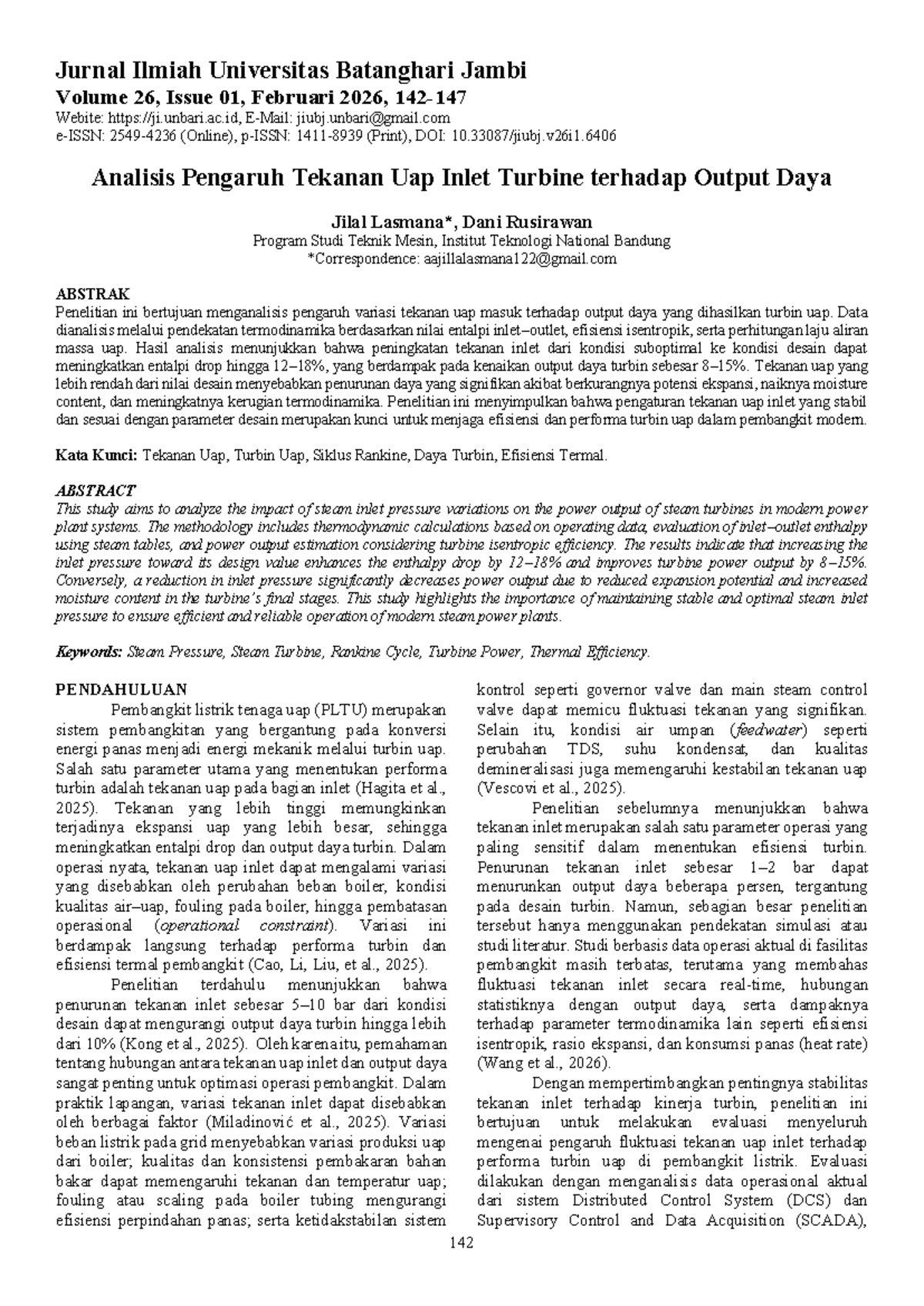 Analisis Pengaruh Tekanan Uap Inlet Turbine terhadap Output Daya ...